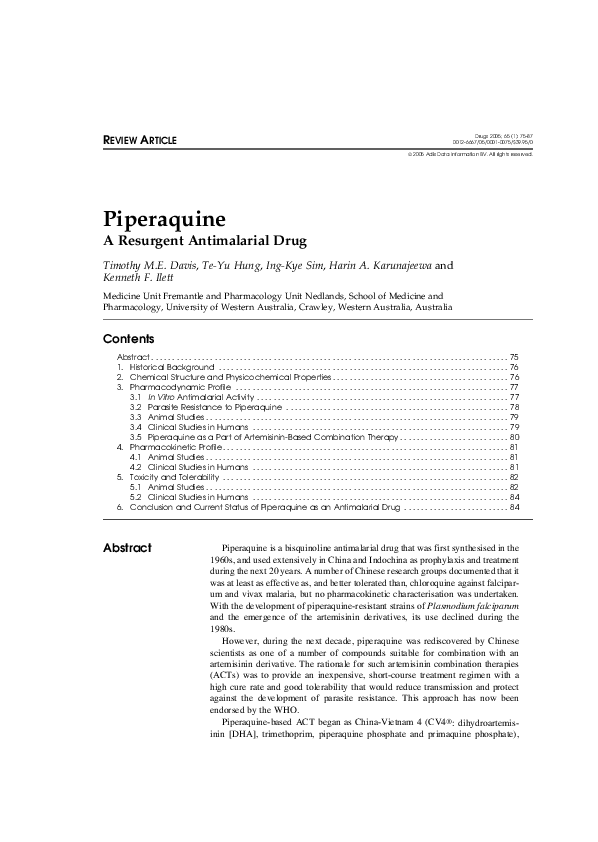 (PDF) Piperaquine: a resurgent antimalarial drug
