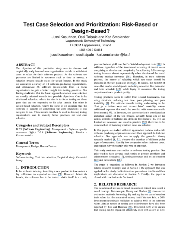 (PDF) Test case selection and prioritization (PDF) Test case selection and prioritization