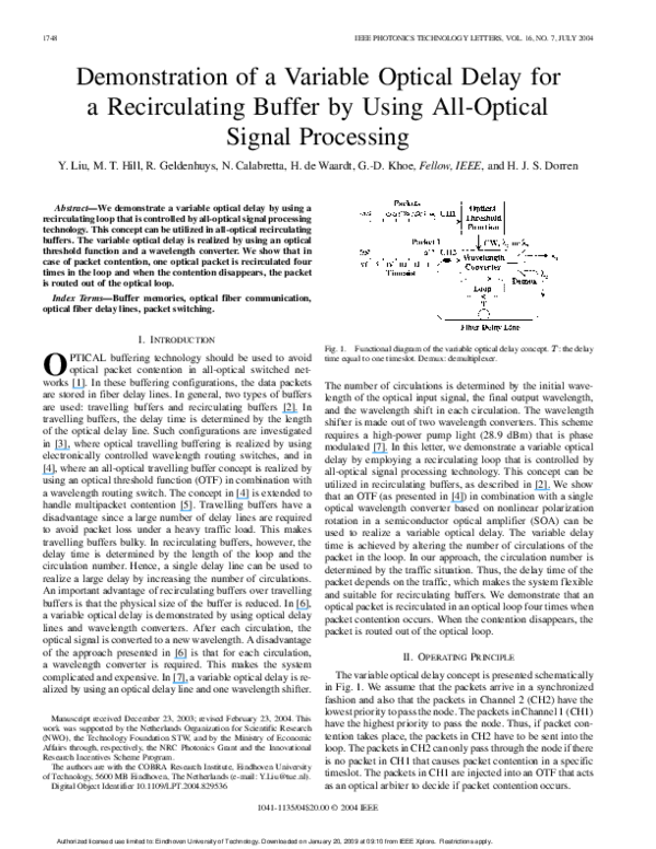 (PDF) Demonstration of a Variable Optical Delay for a Recirculating Buffer by Using All-Optical ...