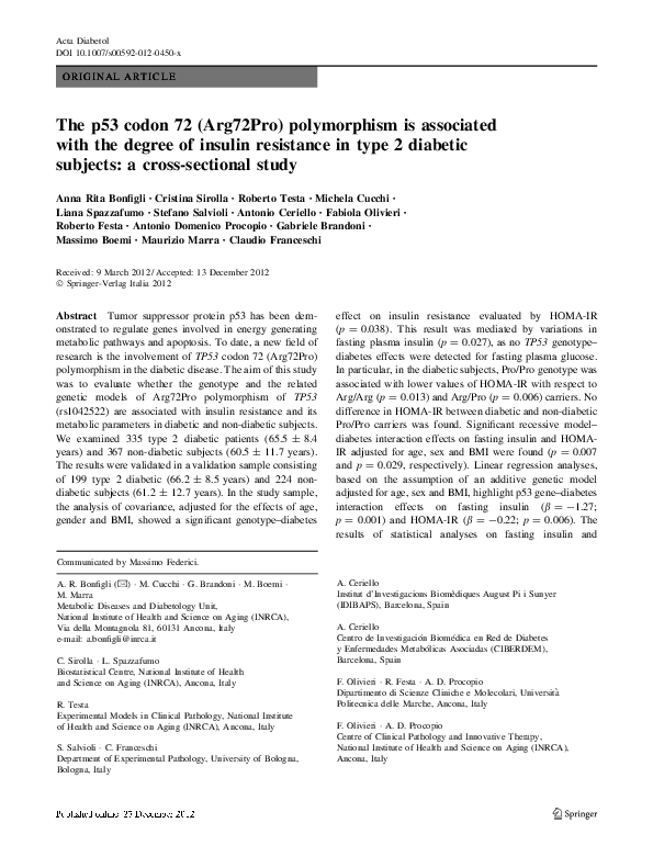 (PDF) The p53 codon 72 (Arg72Pro) polymorphism is associated with the degree of insulin ...