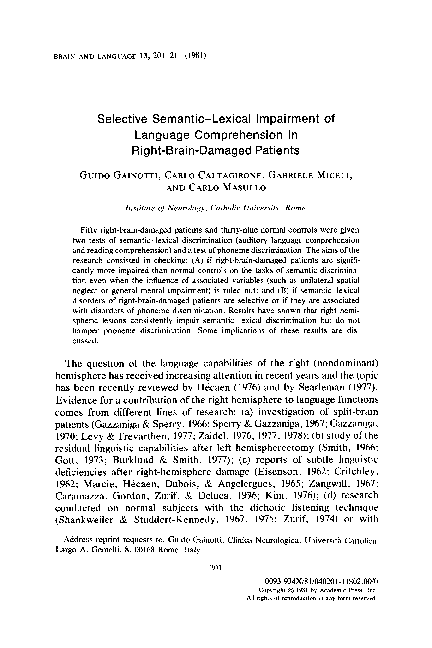 (PDF) Selective semantic-lexical impairment of language comprehension in right-brain-damaged ...