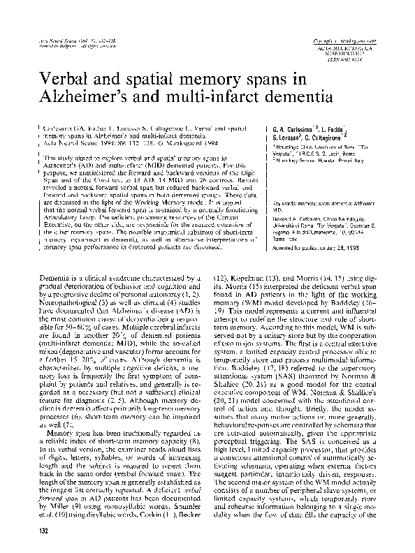 (PDF) Verbal and spatial memory spans in Alzheimer's and multi-infarct ...