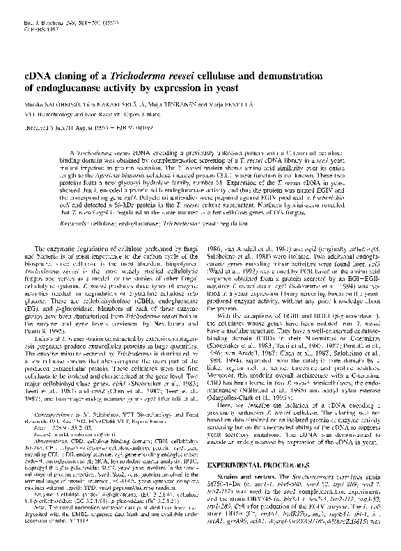 (PDF) cDNA Cloning of a Trichoderma reesei Cellulase and Demonstration of Endoglucanase Activity ...