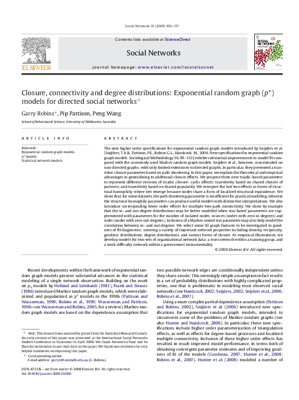 (PDF) Closure, connectivity and degree distributions: Exponential random graph (p*) models for ...