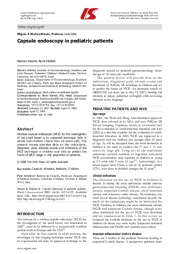Pdf Capsule Endoscopy In Pediatric Patients