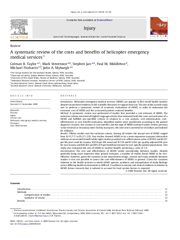 (PDF) A systematic review of the costs and benefits of helicopter emergency medical services