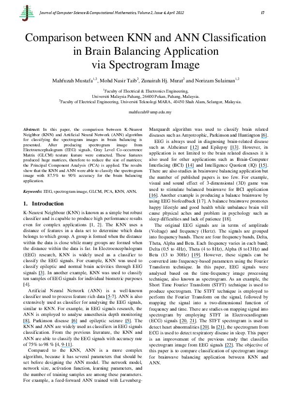 Pdf Comparison Between Knn And Ann Classification In Brain Balancing