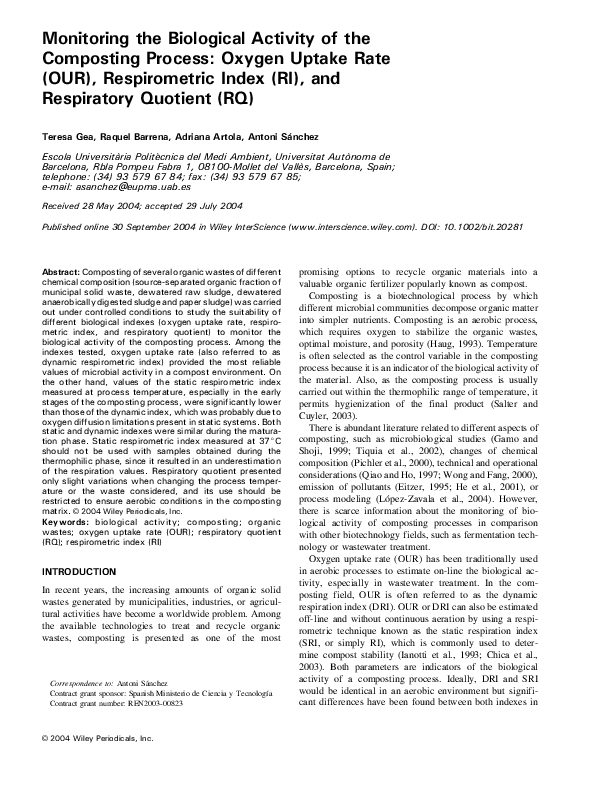 (PDF) Monitoring the biological activity of the composting process: Oxygen uptake rate (OUR ...