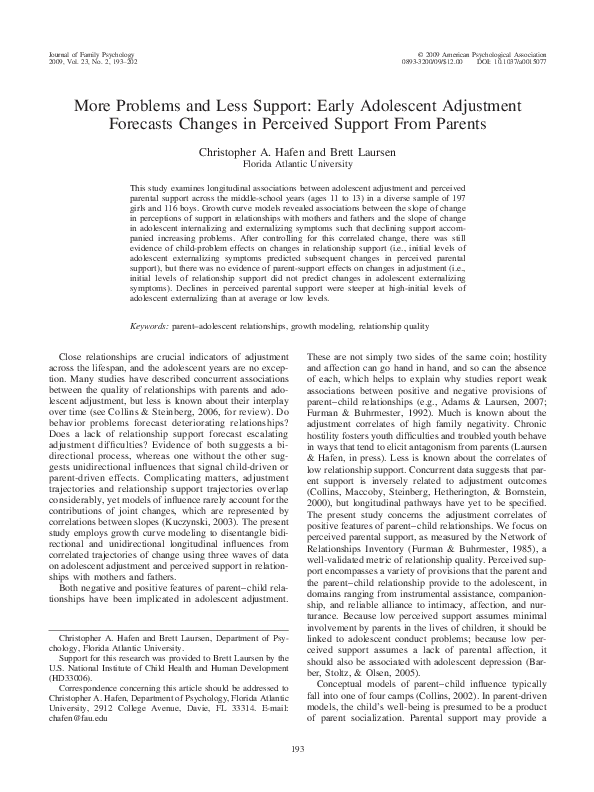 (PDF) More problems and less support: Early adolescent adjustment ...