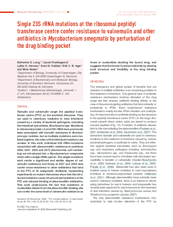 (PDF) Single 23S rRNA mutations at the ribosomal peptidyl transferase centre confer resistance ...