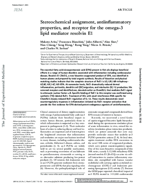 (PDF) Stereochemical assignment, antiinflammatory properties, and receptor for the omega-3 lipid ...