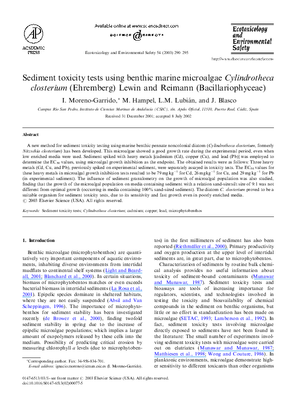 (PDF) Sediment toxicity tests using benthic marine microalgae ...