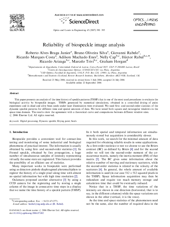 (PDF) Reliability of biospeckle image analysis