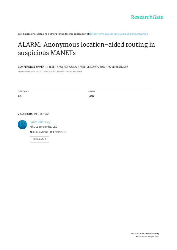 Pdf Alarm Anonymous Location Aided Routing In Suspicious Manets Conference Paper In Ieee