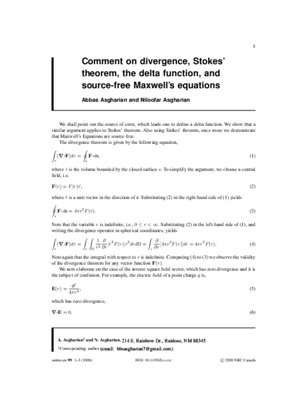 (PDF) Comment on divergence, Stokes' theorem, the delta function, and ...