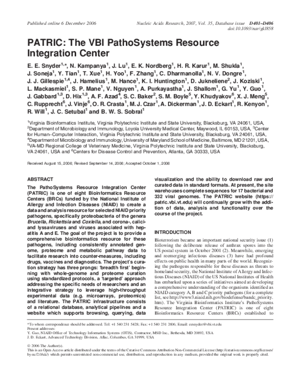 (PDF) PATRIC: The VBI PathoSystems Resource Integration Center