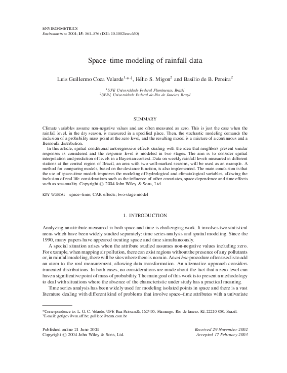 (PDF) Space–time modeling of rainfall data