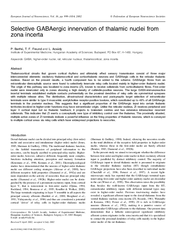 (PDF) Selective GABAergic innervation of thalamic nuclei from zona incerta