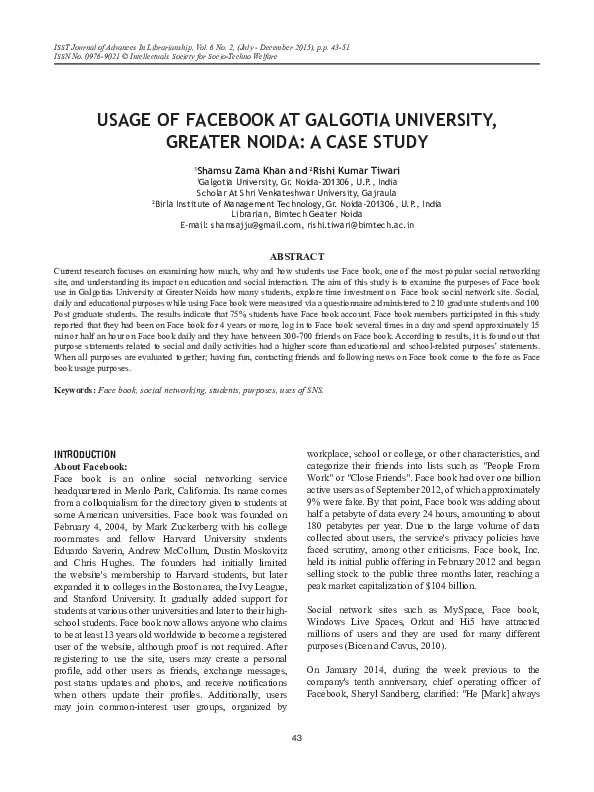 (PDF) USAGE OF FACEBOOK AT GALGOTIA UNIVERSITY, GREATER NOIDA: A CASE STUDY