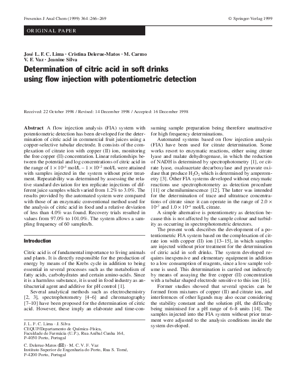 Pdf Determination Of Citric Acid In Soft Drinks Using Flow Injection With Potentiometric Detection