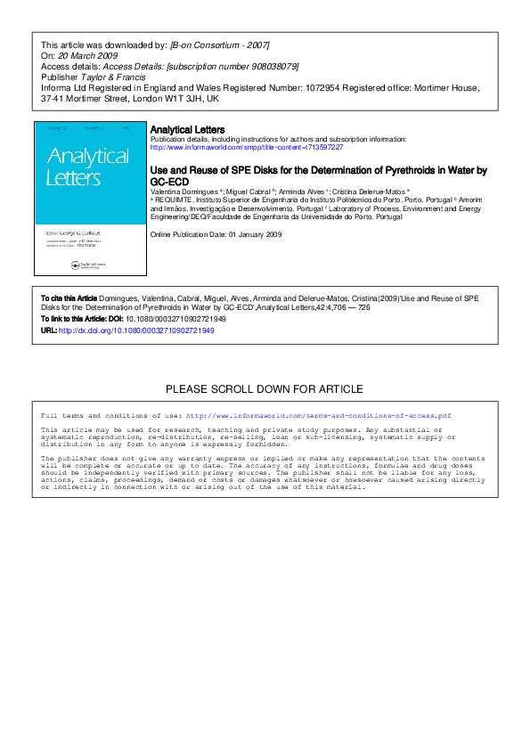 Pdf Use And Reuse Of Spe Disks For The Determination Of Pyrethroids In Water By Gc Ecd