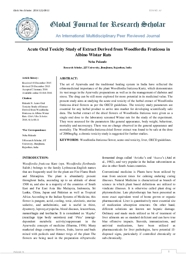 (PDF) Acute Oral Toxicity Study of Extract Derived from Woodfordia Fruticosa in Albino Wistar Rats