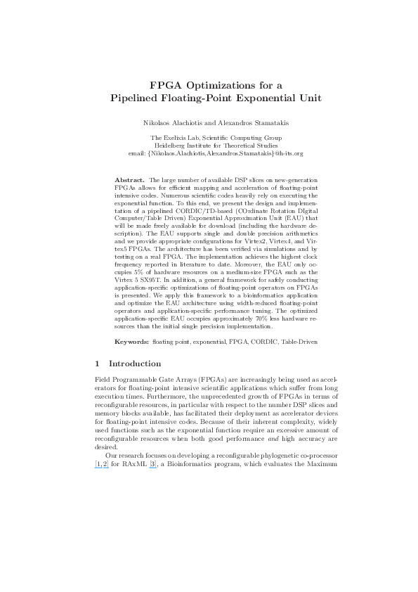 Pdf Fpga Optimizations For A Pipelined Floating Point Exponential Unit Alexandros Stamatakis 0120