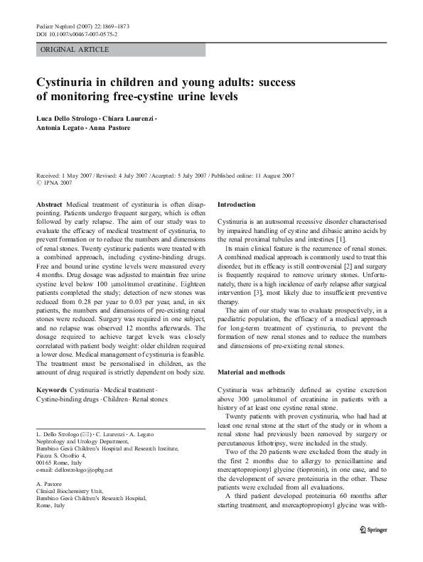 (PDF) Cystinuria in children and young adults: success of monitoring ...
