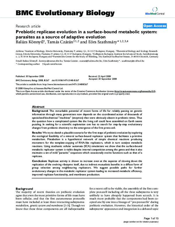 (PDF) Prebiotic replicase evolution in a surface-bound metabolic system ...