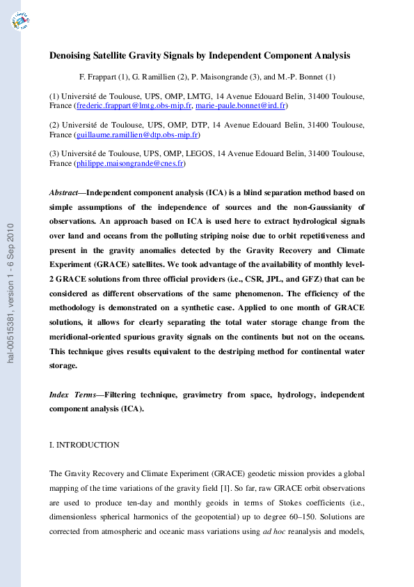(PDF) Denoising Satellite Gravity Signals by Independent Component Analysis