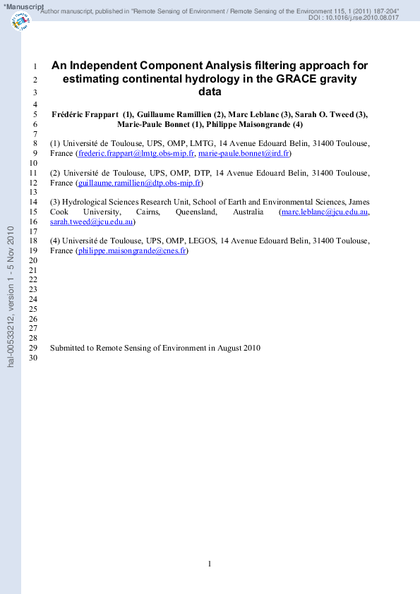 (PDF) An independent component analysis filtering approach for estimating continental hydrology ...