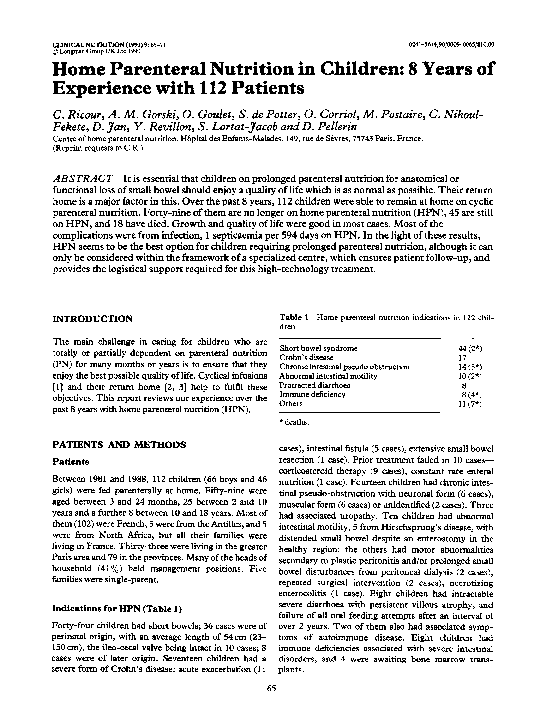 (PDF) Home parenteral nutrition in children: 8 years of experience with ...