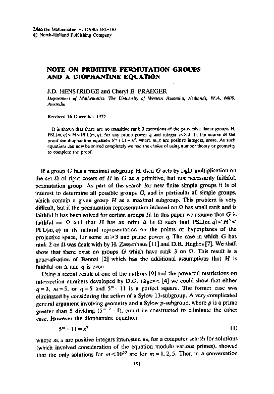 (PDF) Note on primitive permutation groups and a diophantine equation