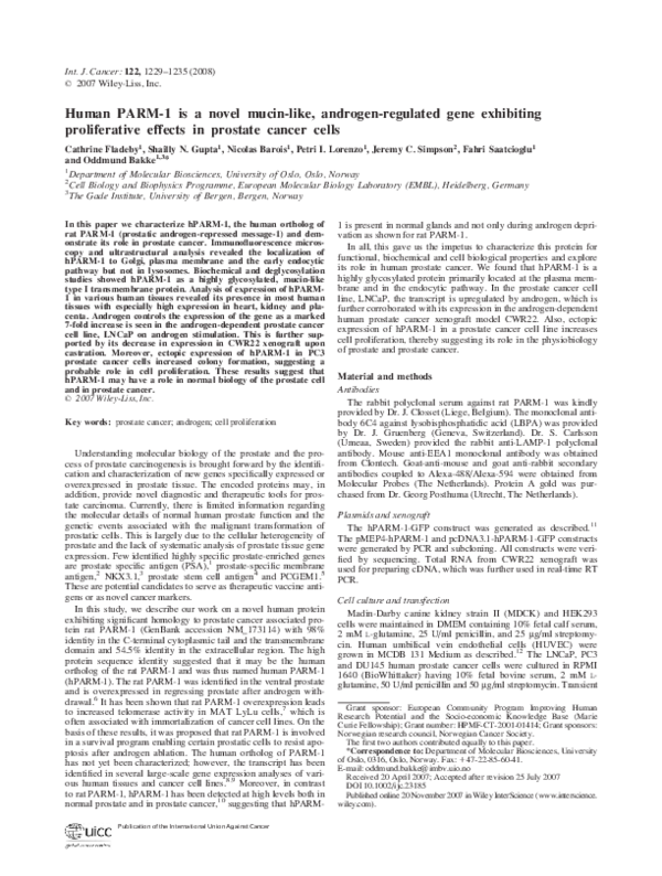(PDF) Human PARM-1 is a novel mucin-like, androgen-regulated gene ...