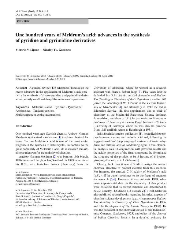 (PDF) One hundred years of Meldrum's acid: advances in the synthesis of pyridine and pyrimidine ...