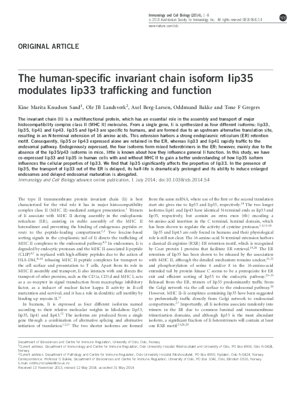 (PDF) The human-specific invariant chain isoform Iip35 modulates Iip33 ...