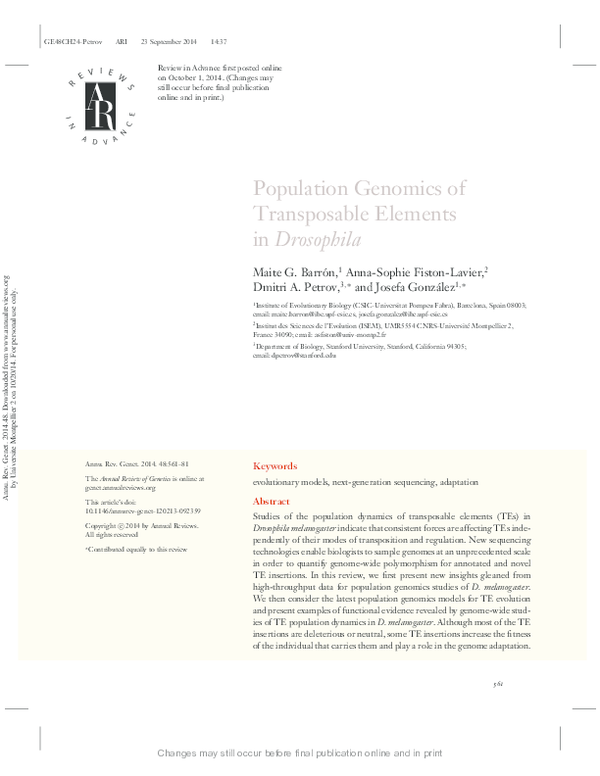 (PDF) Population Genomics of Transposable Elements in Drosophila