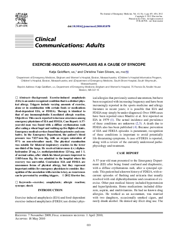 (PDF) Exercise-induced Anaphylaxis as a Cause of Syncope