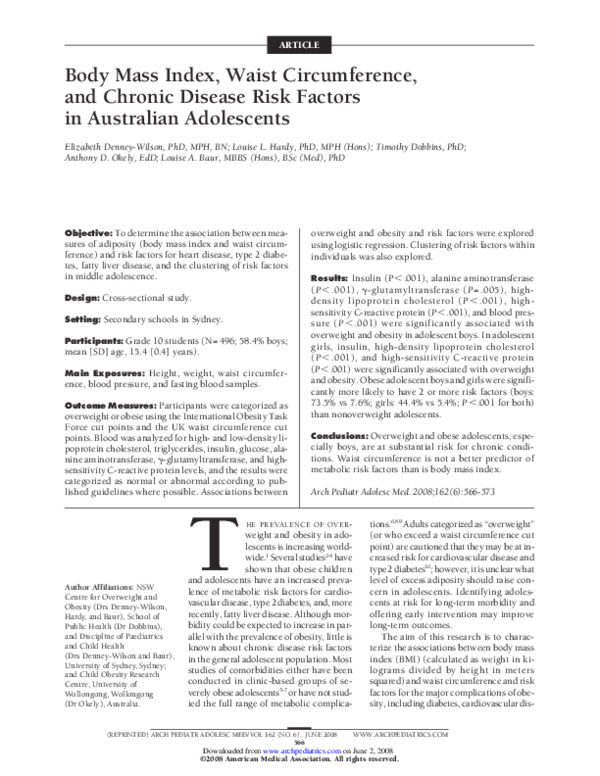 (PDF) Body Mass Index, Waist Circumference, and Chronic Disease Risk Factors in Australian ...