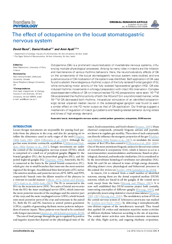 (PDF) The Effect of Octopamine on the Locust Stomatogastric Nervous System