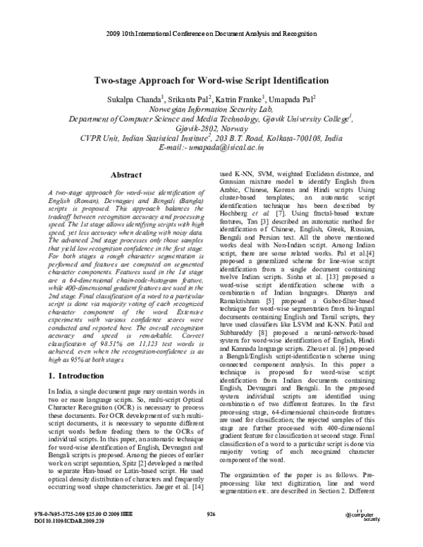 Pdf Two Stage Approach For Word Wise Script Identification