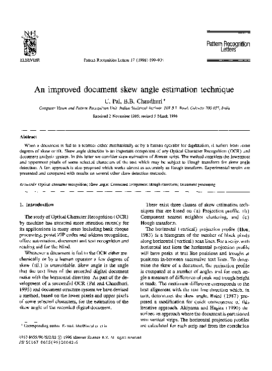 Pdf An Improved Document Skew Angle Estimation Technique