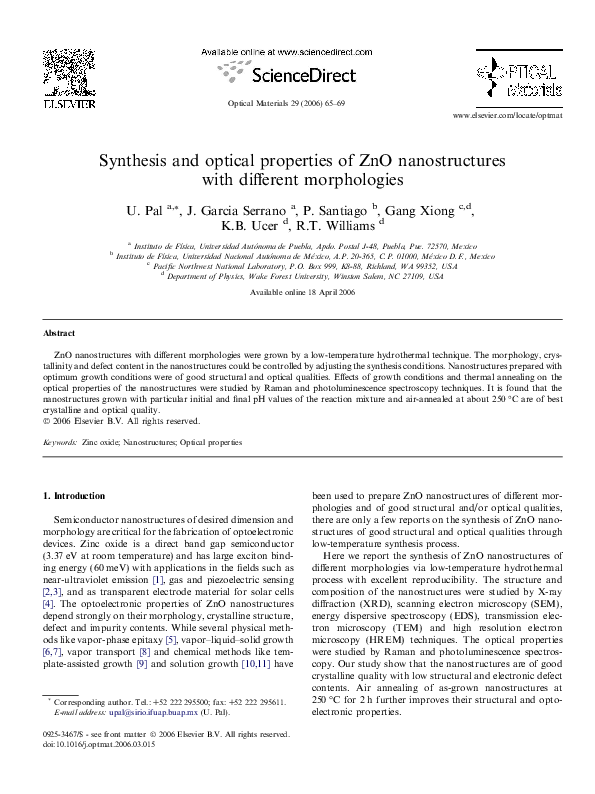 (PDF) Synthesis and optical properties of ZnO nanostructures with ... (PDF) Synthesis and optical properties of ZnO nanostructures with ...