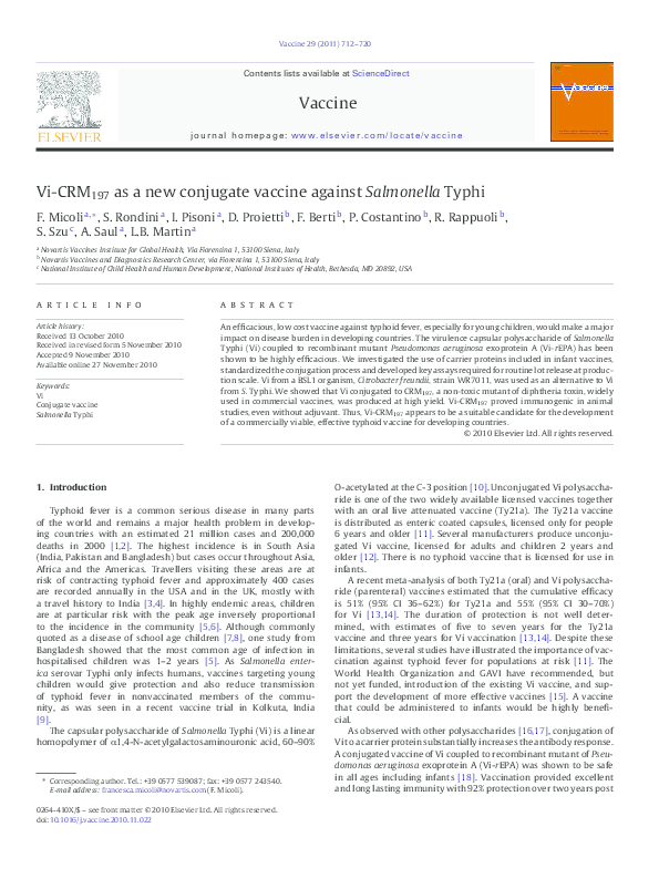 (PDF) Vi-CRM197 as a new conjugate vaccine against Salmonella Typhi