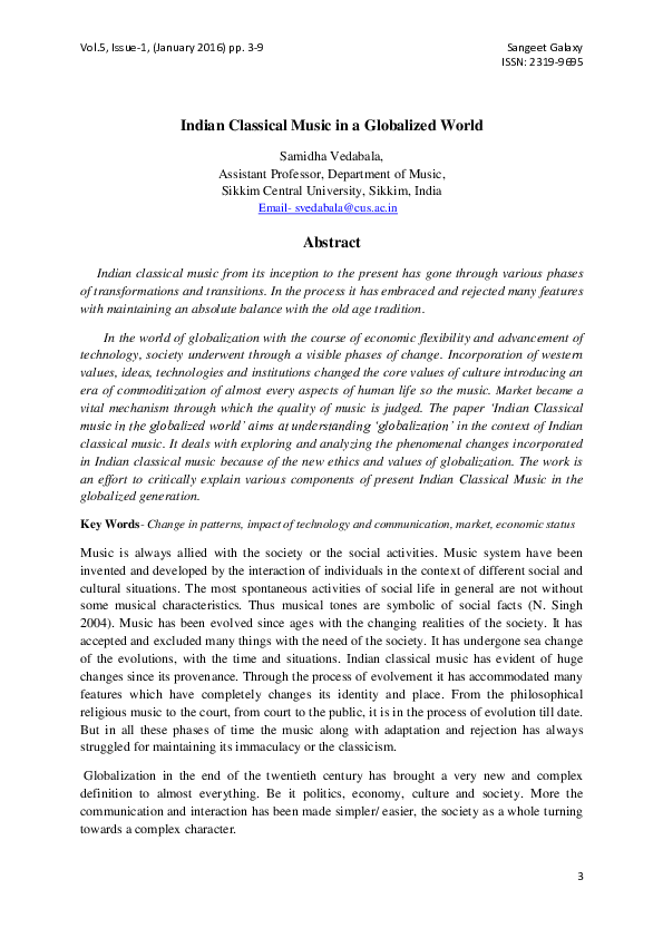 (PDF) Indian Classical Music in a Globalized World
