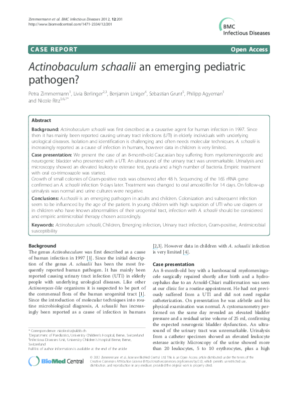 (PDF) Actinobaculum schaalii an emerging pediatric pathogen?