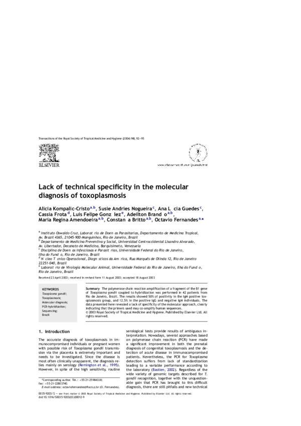 (PDF) Lack of technical specificity in the molecular diagnosis of ...