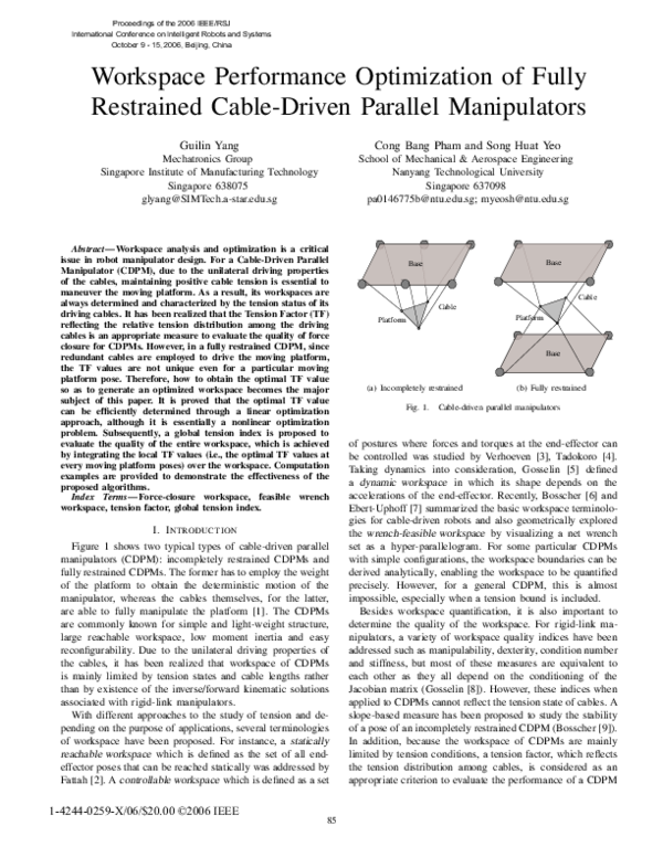 (PDF) Workspace Performance Optimization of Fully Restrained Cable-Driven Parallel Manipulators
