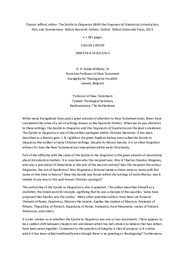 (PDF) Epistle to Diognetus with the Fragment of Quadratus: Introduction ...