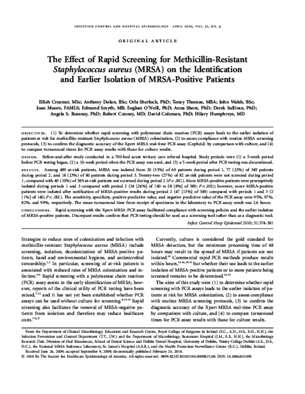 (PDF) The Effect of Rapid Screening for Methicillin‐Resistant Staphylococcus aureus (MRSA) on ...